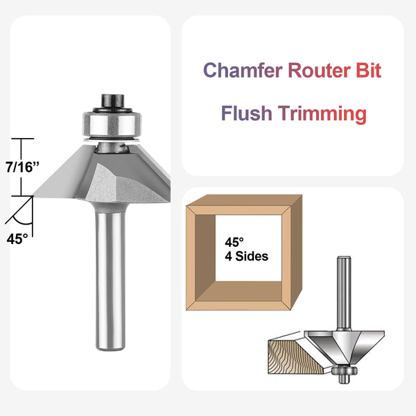 SpeTool Carbide Tipped Chamfer 45D 1-3/8" Dia 1/4" SHK Bearing Router Bit