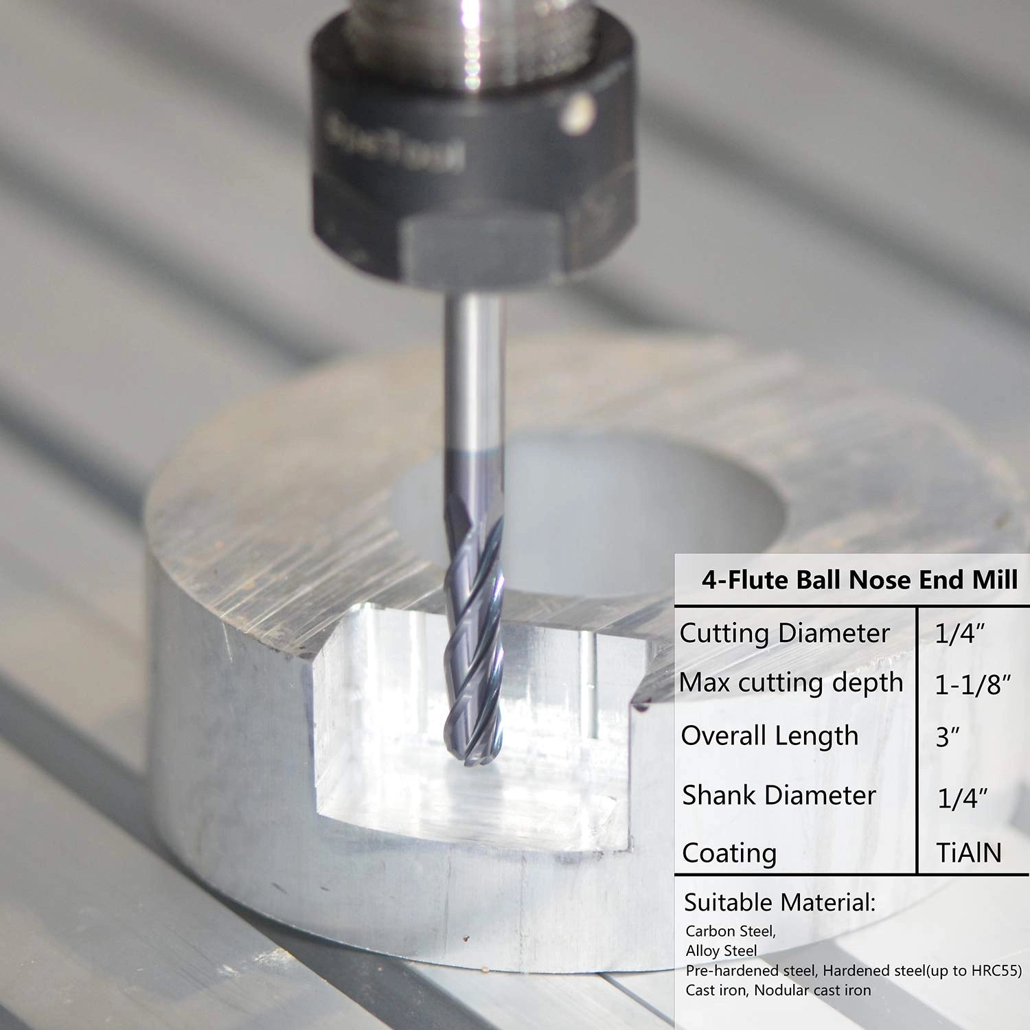 SpeTool 4 Flute 1/4 Dia 3 Inch Long SC Ball Nose End Mill Metal Cut SpeTool 4 Flute 1/4 Dia 3 Inch Long SC Ball Nose End Mill Metal Cut